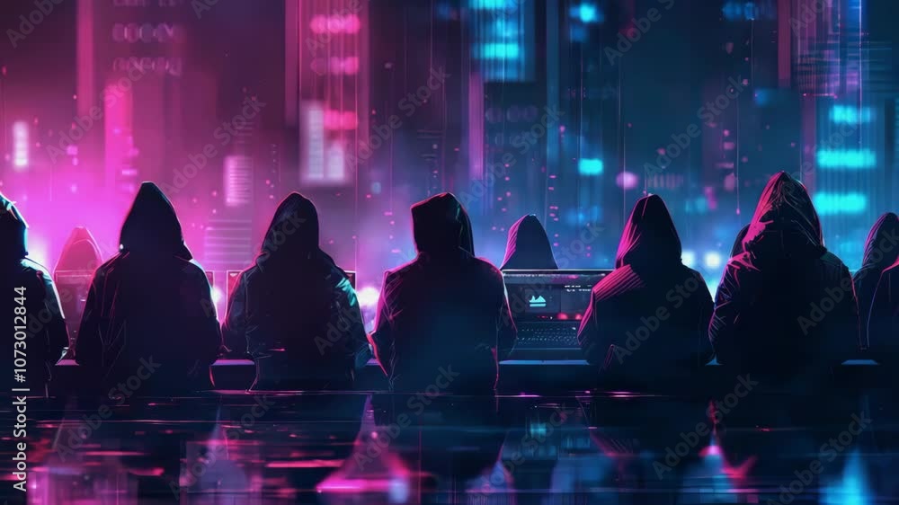 video of masked hackers, a dangerous and hooded collective, engaged in cyber crime, cyber ...