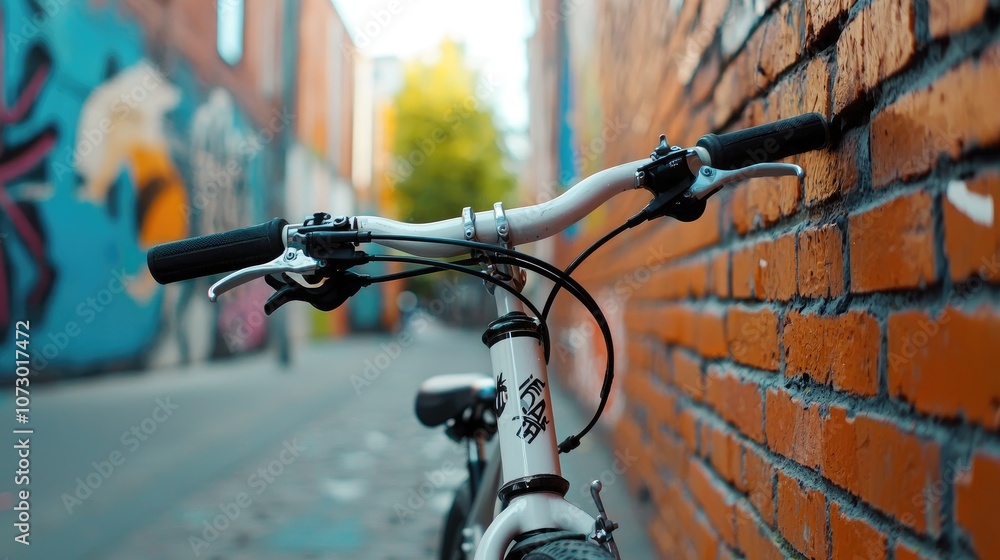 Urban bike handlebars focus in graffiti alley with vibrant wall art and ...