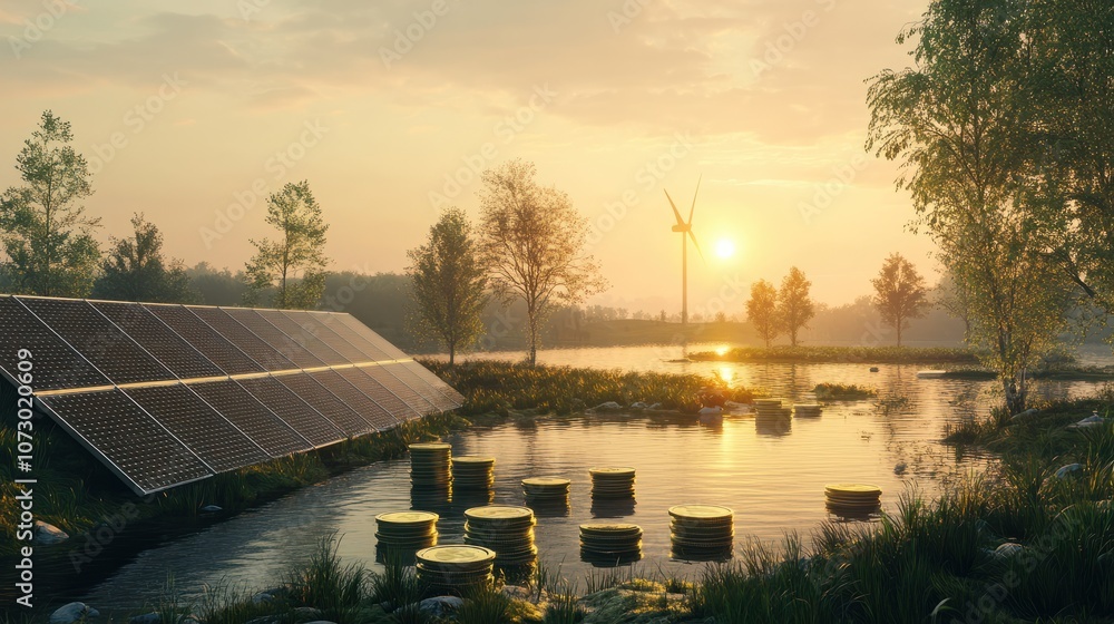 Solar panel investment symbolized by stacks of coins, reflecting ...