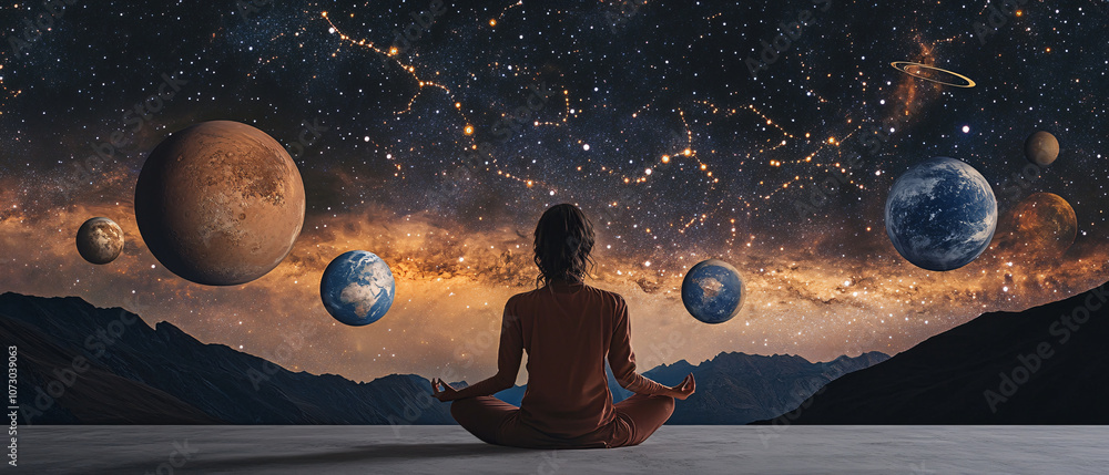 Woman Meditating in Front of a Stunning Night Sky with Planets and ...