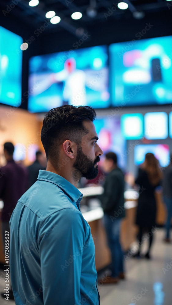 Man observing bustling electronics store: Perfect for retail marketing ...
