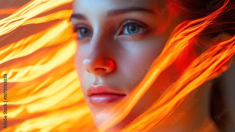 red orange light motion blur overlay on female face. Conceptual image ...