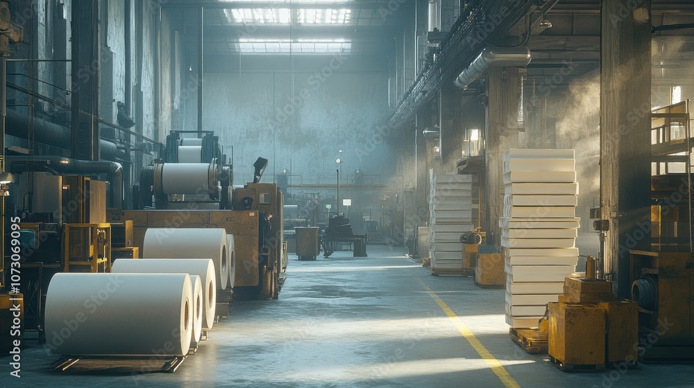 Wide view of a paper processing plant, capturing machines converting ...