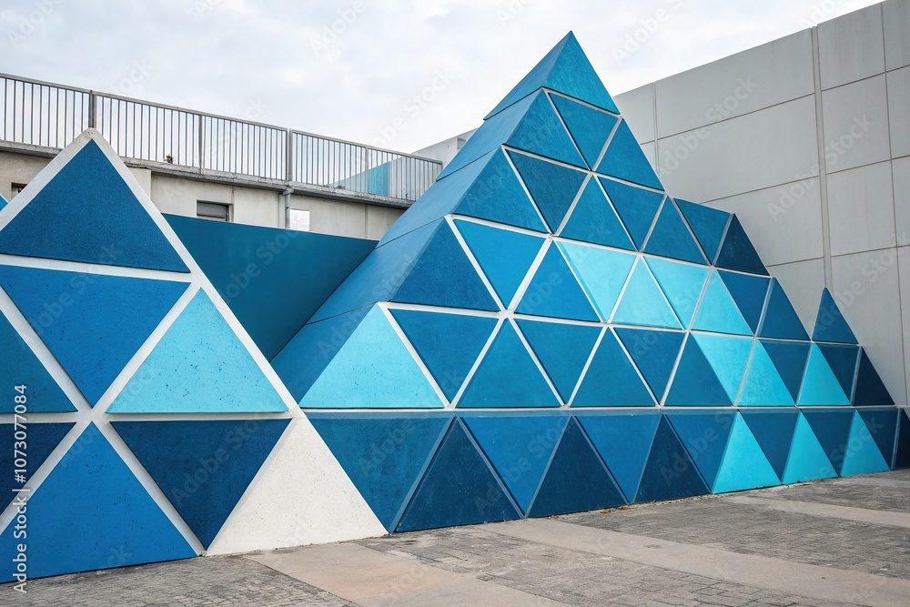 Geometric abstract composition featuring layered blue triangular shapes ...