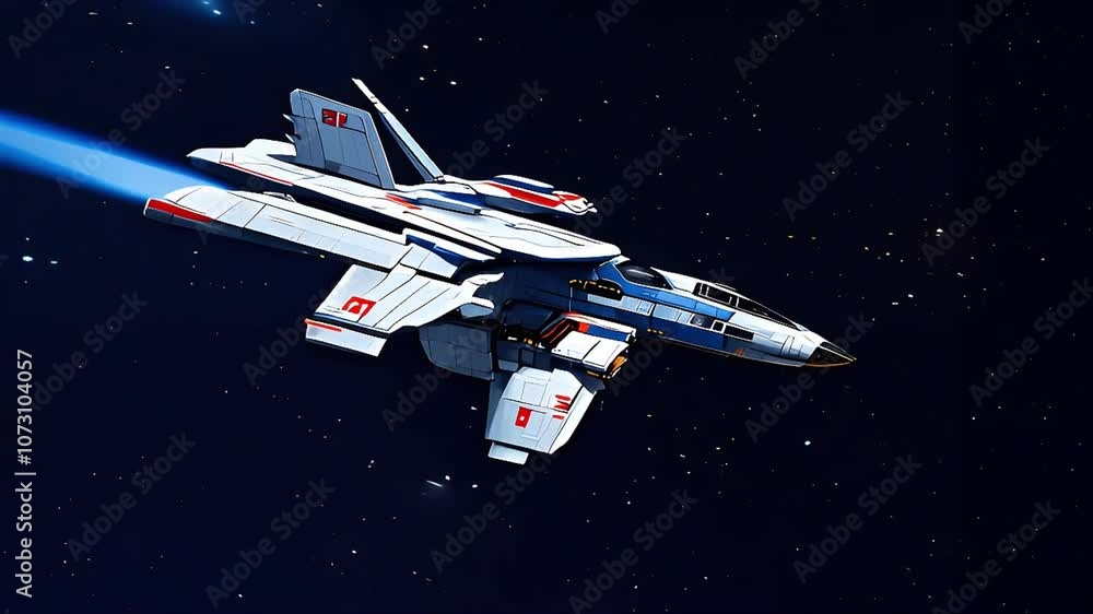 Sleek futuristic spaceship, white and red color scheme, blue engine ...
