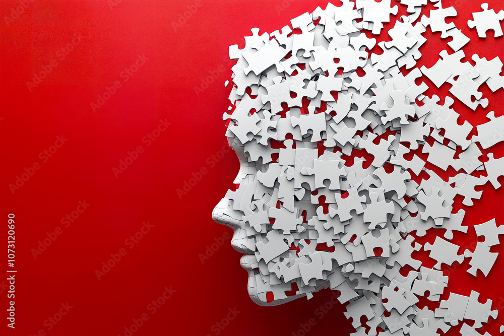 2D Human head from puzzle pieces, white puzzle pieces on different ...