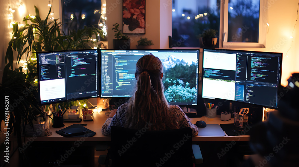 Female web developer focused on programming at her desk with multiple ...