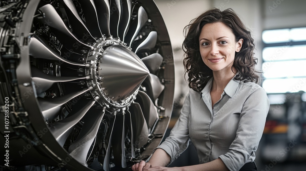 Confident Female Aerospace Engineer Examining a Powerful Turbine Engine ...