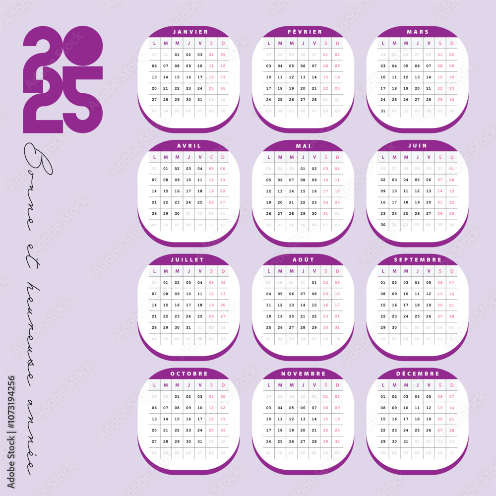Calendrier 2025 violet, Design arrondi de calendrier Français Stock ...