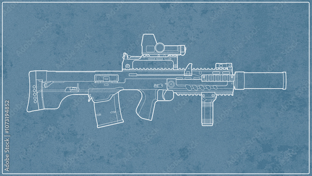 blueprint of side view of upgraded bullpup russian ash 12 assault rifle ...
