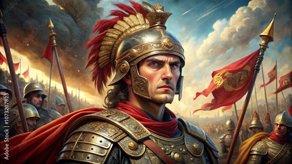 A close-up portrait of Alexander the Great in full battle armor, with a ...