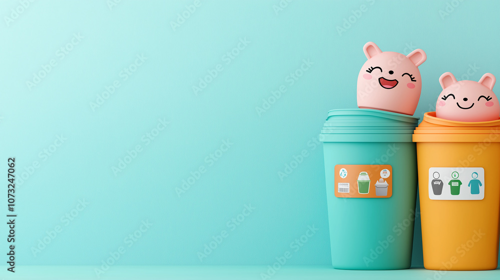 Cute cartoon trash bins with smiling faces, promoting recycling and ...