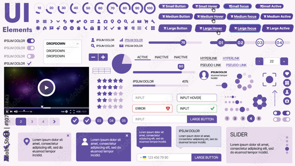 Modern UI kit featuring a collection of essential buttons, icons, and ...