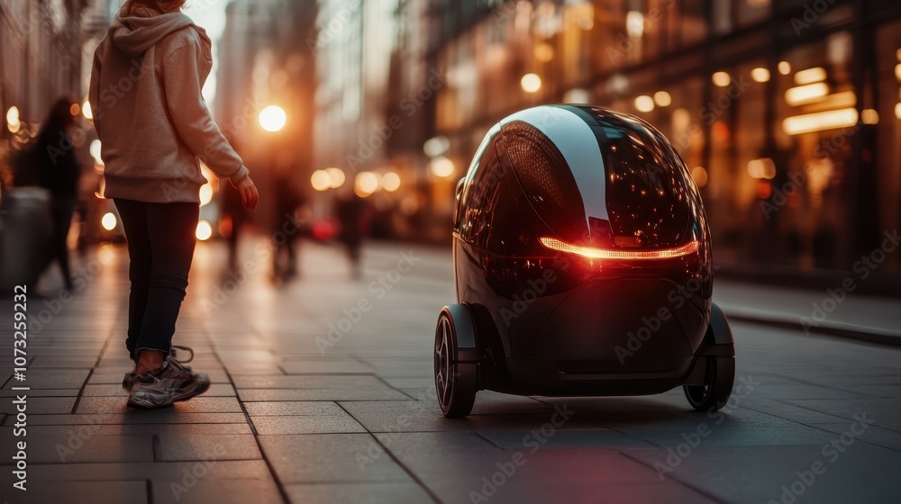 In the evening light, a pedestrian interacts with a modern robotic pod ...