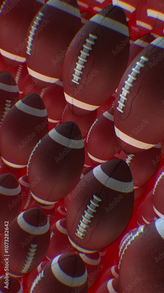 A looping background sequence of spinning golden rugby balls or ...