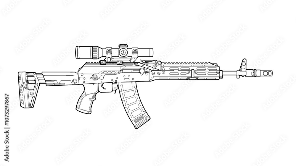 lineart, line art of Upgraded AK 74 assault rifle with optical scope ...