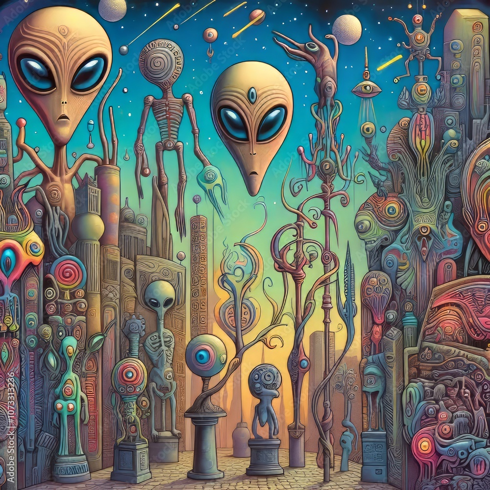 Alien Art A quirky illustration of alien art with strange sculpt Stock ...