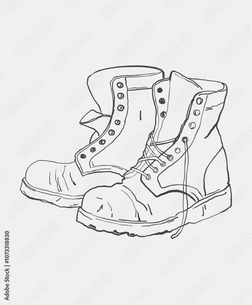 Black and white line drawing of a pair of rugged, worn-out work boots ...