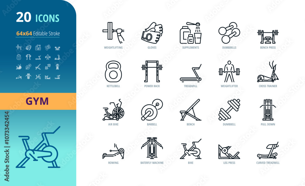 Gym Equipment and Exercise Icons Set - 20 Editable Stroke Vector Icons ...