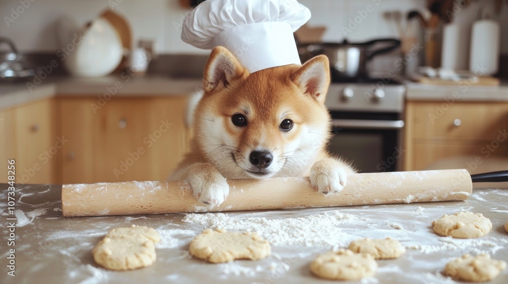 Shiba Inu with a chef's hat, rolling out cookie dough in a kitchen ...