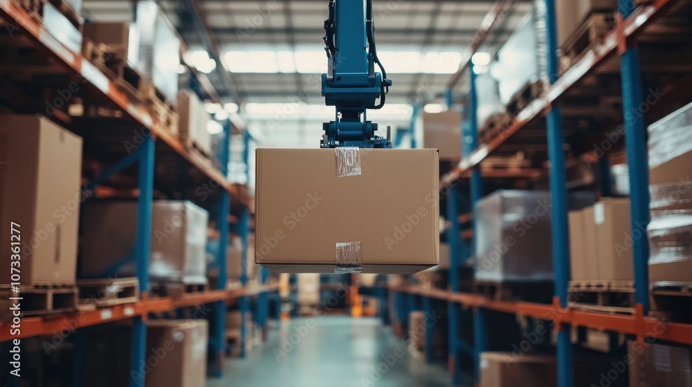 Automated Robotic Arm Handling Cardboard Box in Modern Warehouse with ...