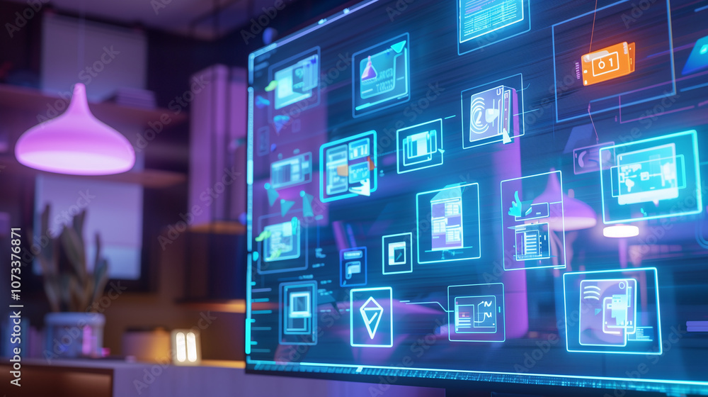 Interactive AR screen displaying layers of secure cloud storage, floating security protocols ...