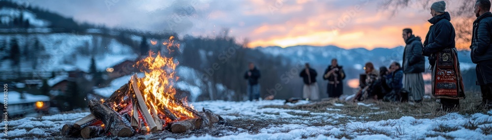 Festive winter solstice gathering with candles, natural decorations ...
