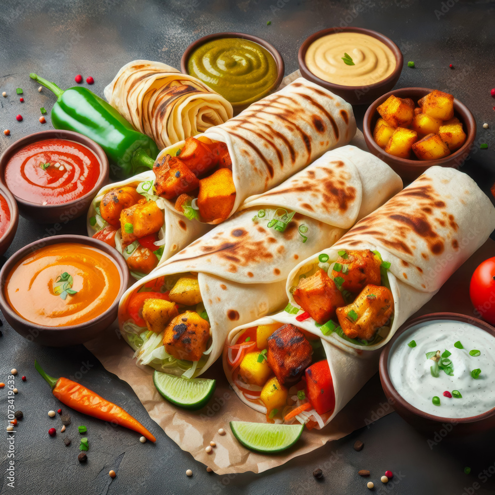 Assortment of wraps Reshmi Tikka, chicken tikka, bhuna, Aloo Corn or ...