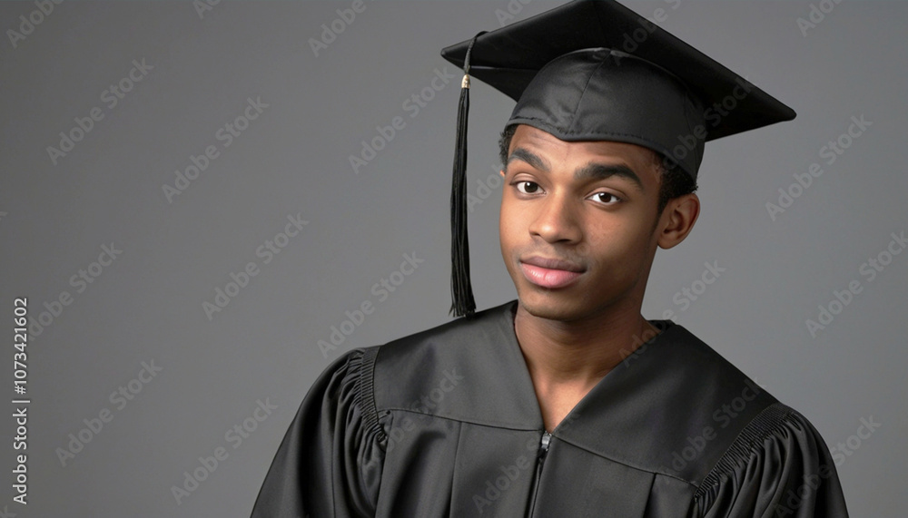 Portrait of young dark-skinned man wearing black graduation cap and ...