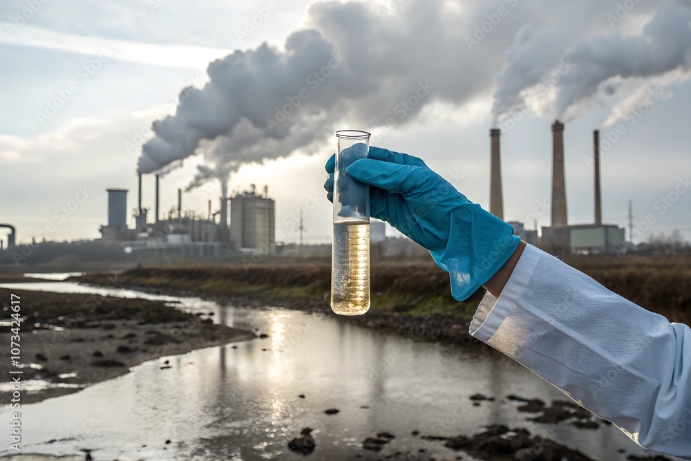 Gloved hand holding a test tube with contaminated water sample against ...