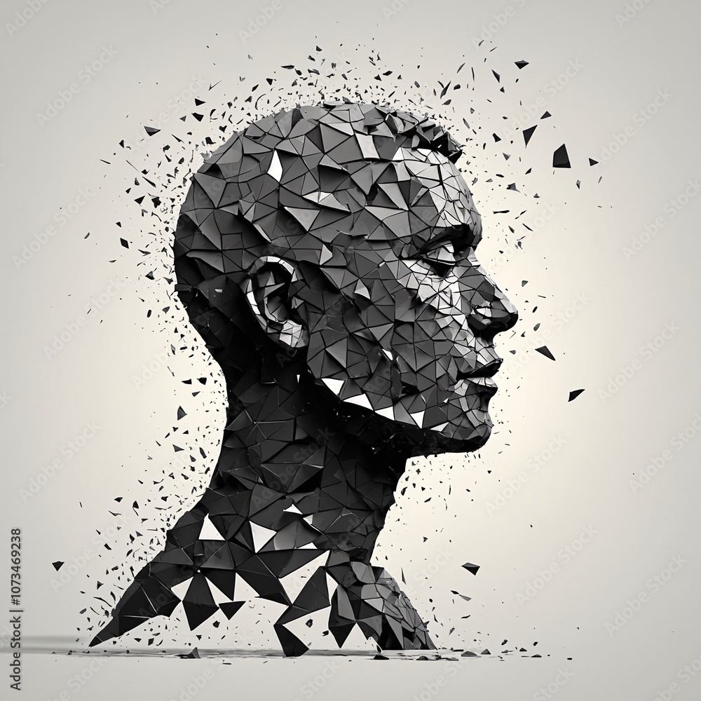 Naklejka El rostro humano desintegrándose en fragmentos geométricos una ...