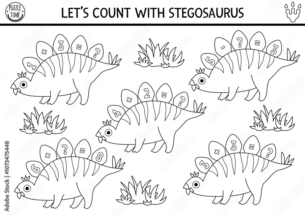 Black and white counting game with stegosaur and numbers on his bony ...
