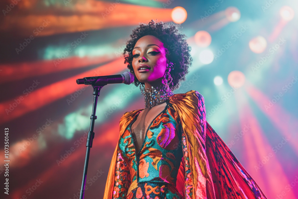 Young singer performing live on stage with colorful lights and ...