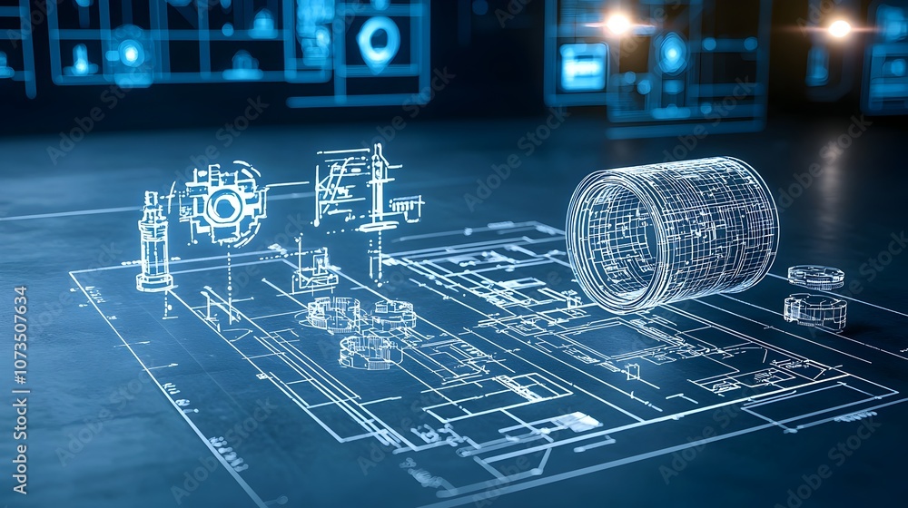 Glowing blueprint against a dark background revealing detailed plans ...