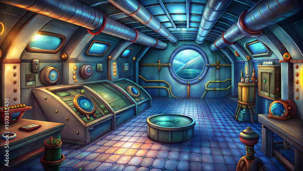 Cartoon submarine interior with a large window and a lamp, featuring an ...