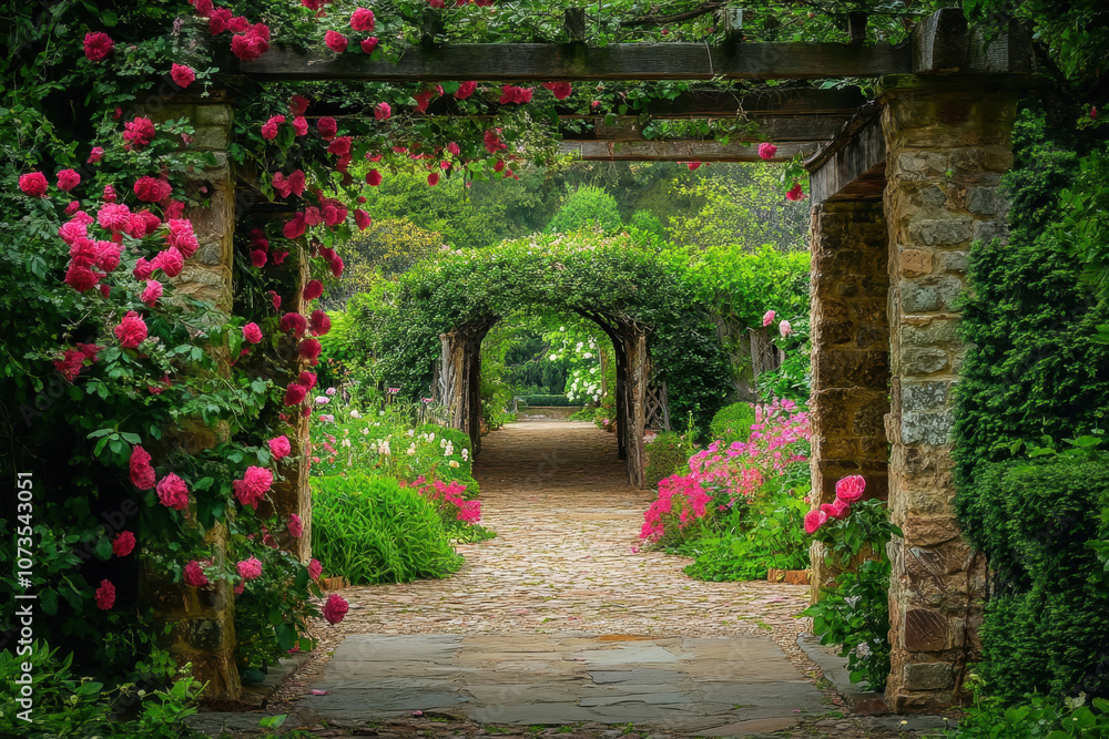 Enchanting garden walkway with vibrant roses cascading over a rustic ...
