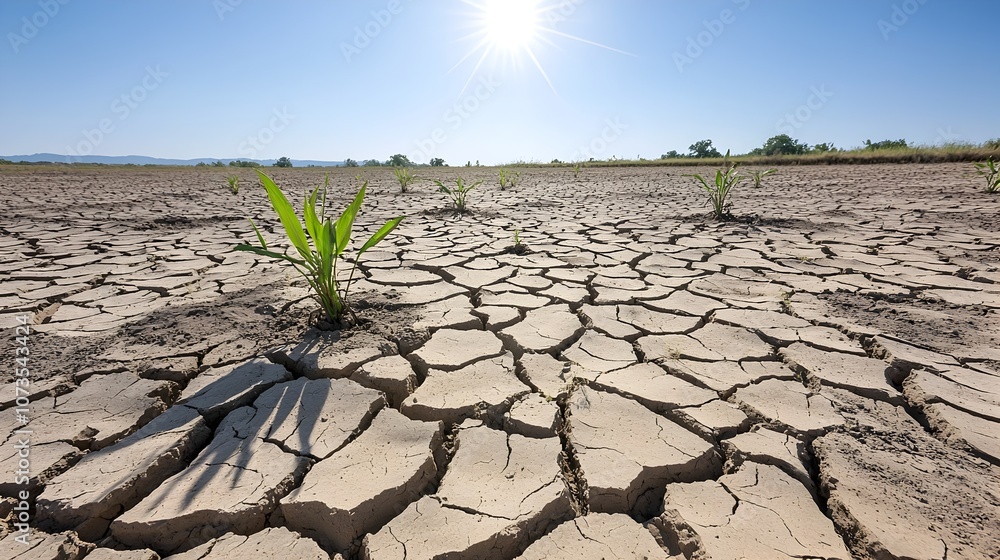 Expansive dry and cracked terrain with intense sunlight and no plants ...