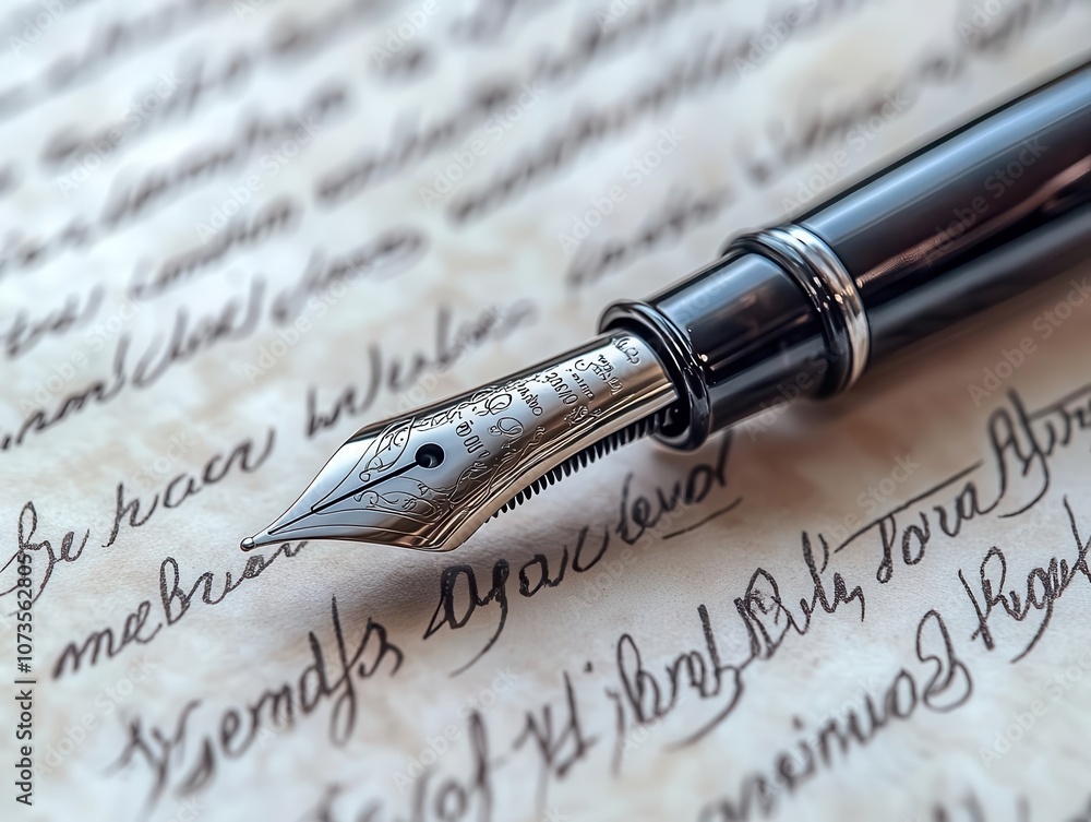 elegant fountain pen resting on a beautifully handwritten document ...