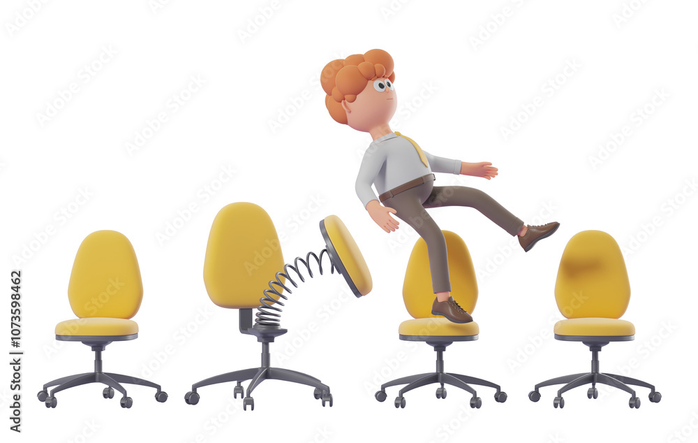 Cartoon character ejected from a spring-loaded office chair among three ...
