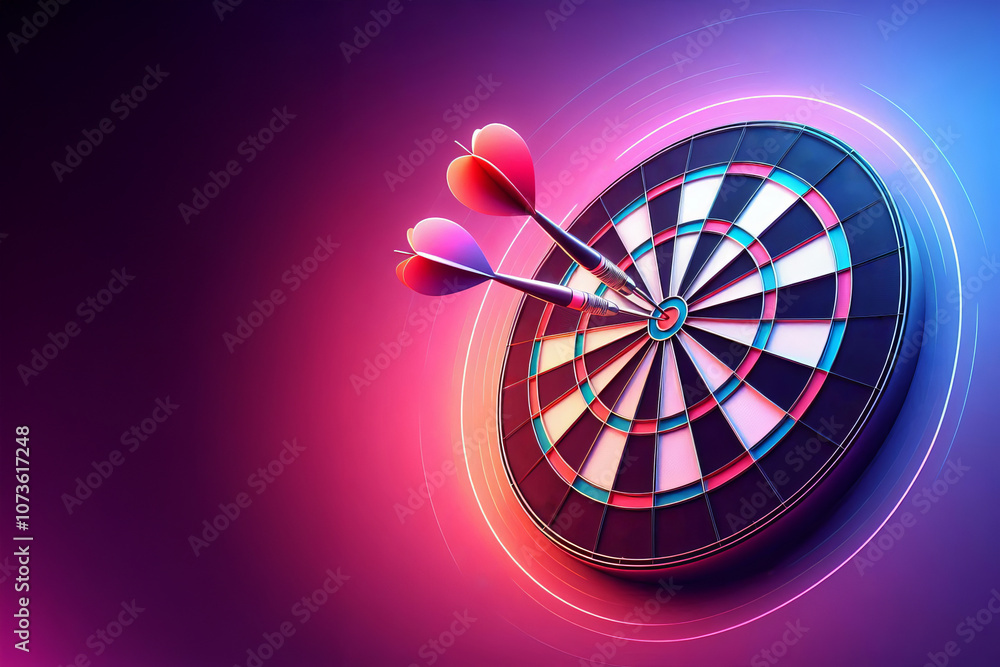 Dartboard center hit, two darts, gradient pink, purple, blue, accuracy ...
