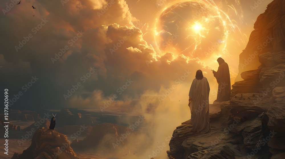 Jesus standing on a desert cliff, staring intently at a glowing vision ...