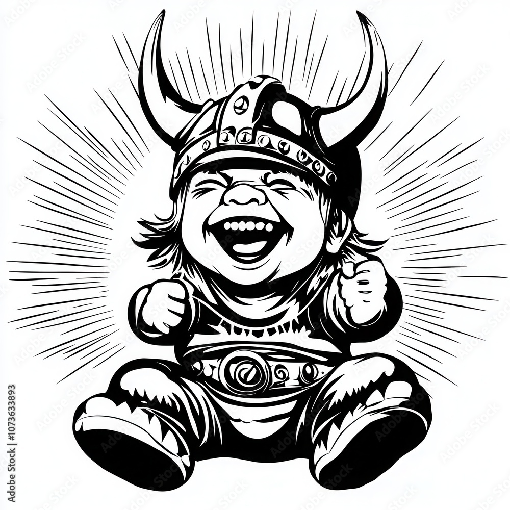Vintage black and white vector illustration of a laughing baby Viking ...
