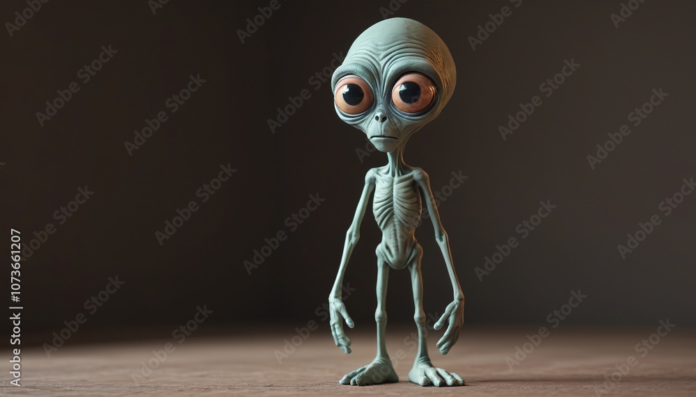 A lonely alien with drooping eyes, standing still with hands at its ...