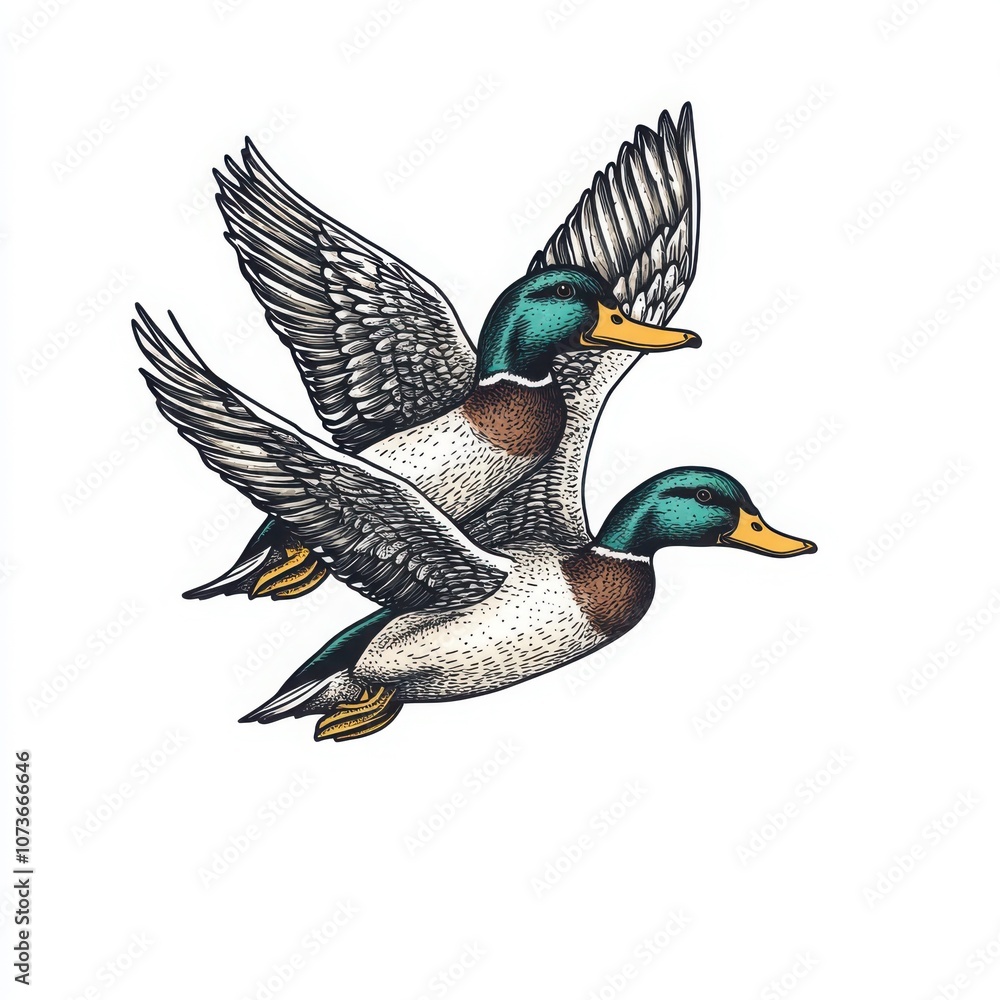 Vector illustration of a mallard duck pair flying, designed in a sharp ...