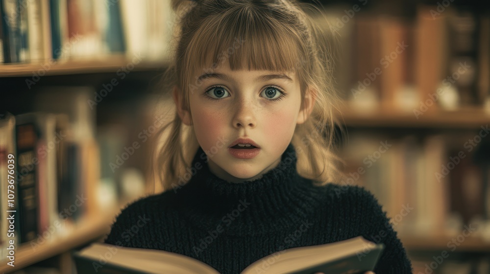 Curious Young Girl Reading a Book in Library - Close-Up Portrait of a ...