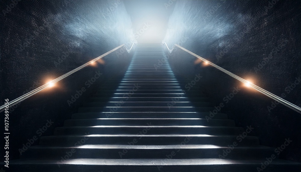 A long and dark stairs with illuminating lights surrounding going up ...