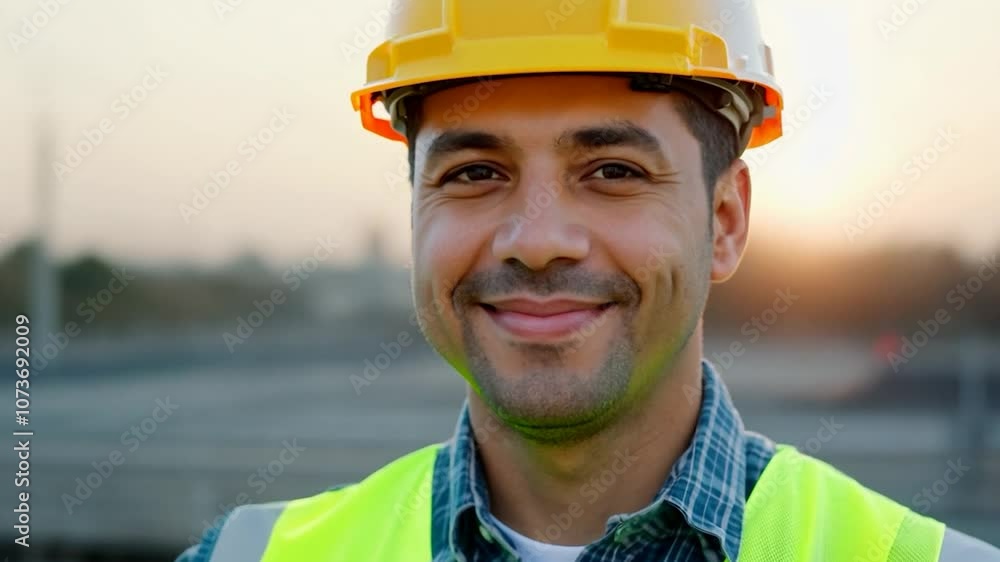 Construction worker wearing a hard hat and reflective vest smiles ...