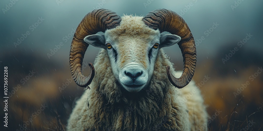 A white ram with large curled horns stares intensely at the camera with ...