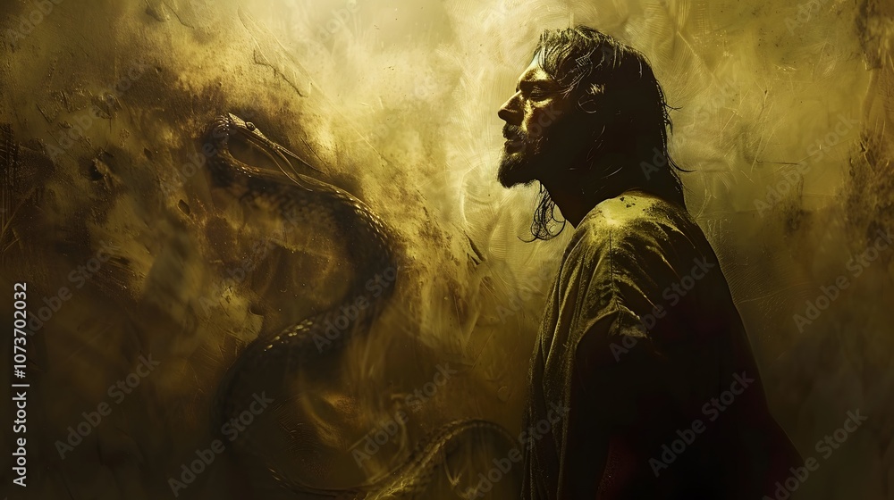 Jesus standing upright, his face worn but defiant, as Satan’s shadow ...