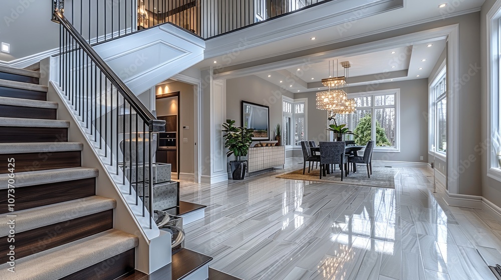 Classic interior design for a house with 2 floors, stairs with 2 ...
